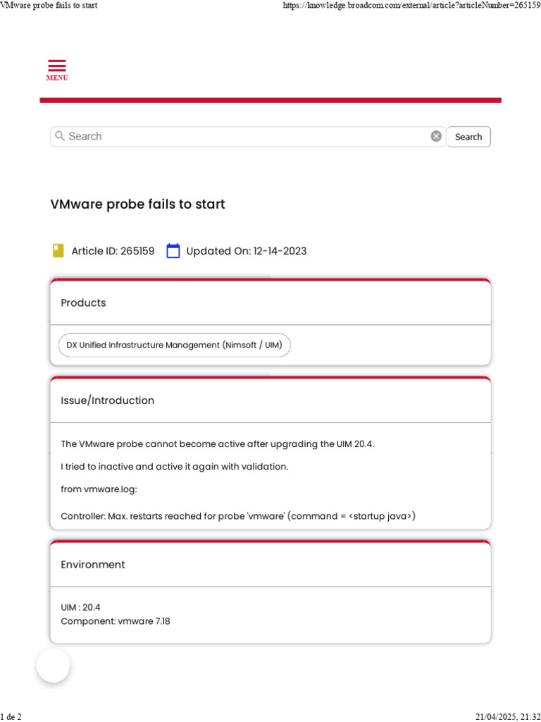 VMware Probe Fails To Start | PDF