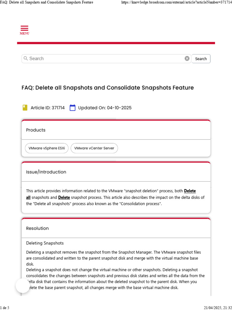 FAQ - Delete All Snapshots and Consolidate Snapshots Feature | PDF | Virtual Machine | Computer Data