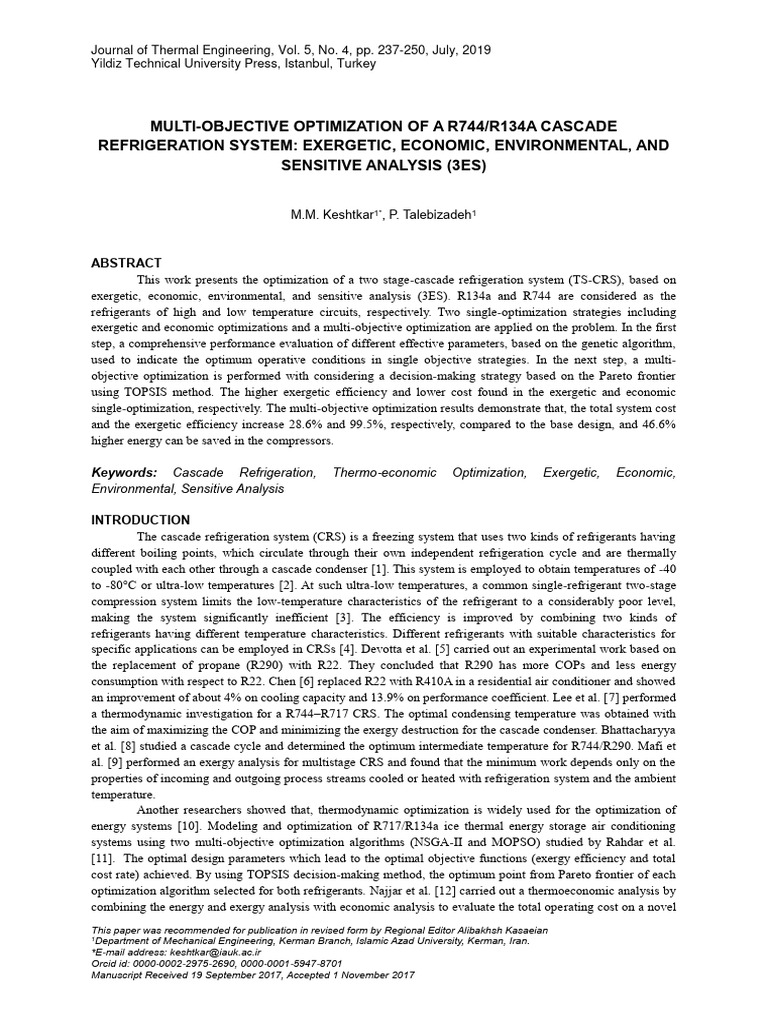 Multi Objective Optimization of A r744 R134a Cascade 3umw0iyrto | PDF | Exergy | Heat Exchanger