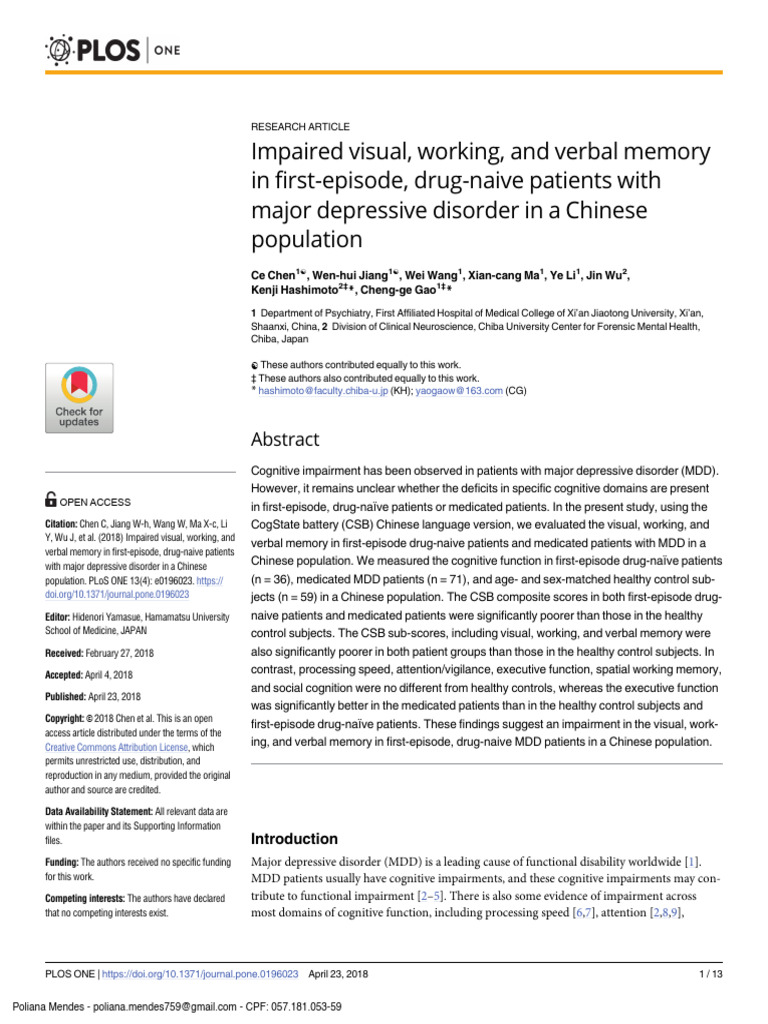 Impaired Visual Working and Verbal Memory in First Episode | PDF ...