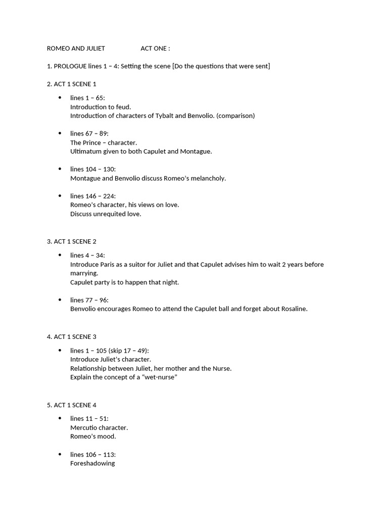 Romeo and Juliet Act One Outline | PDF