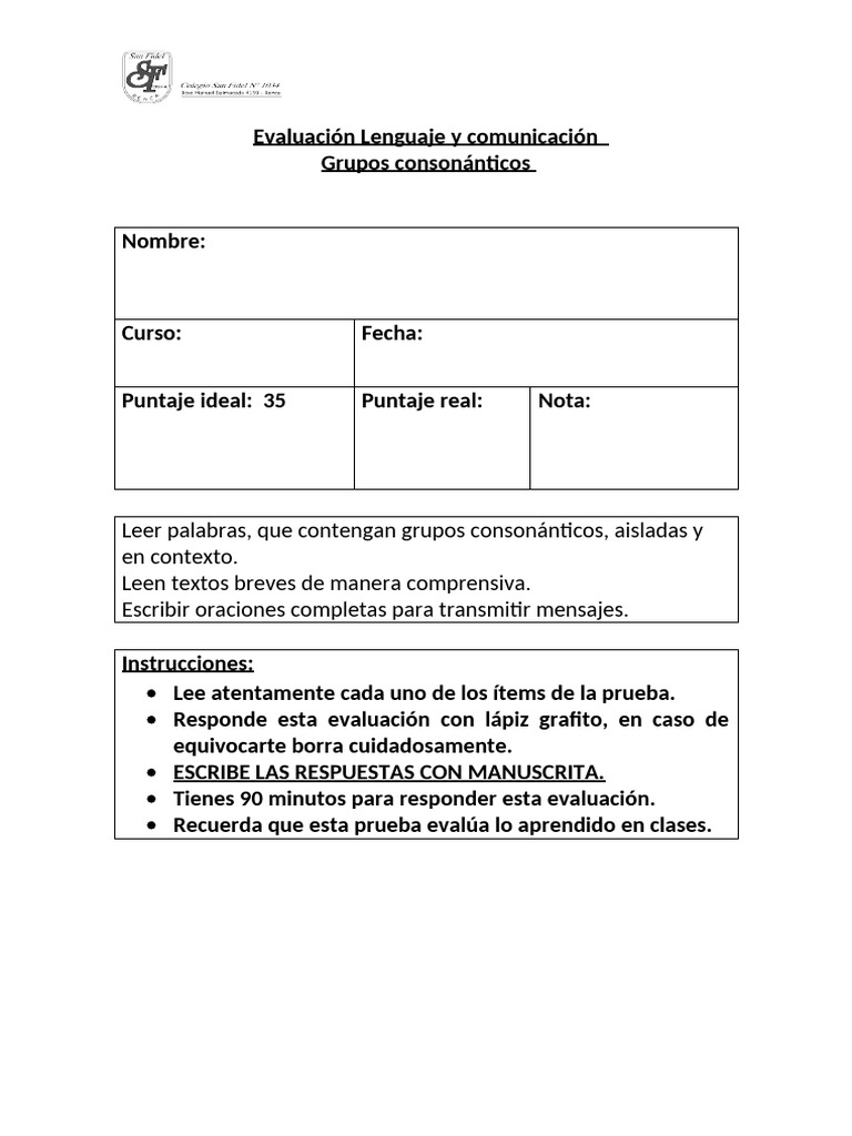 Prueba Grupos Consonanticos 2A | PDF