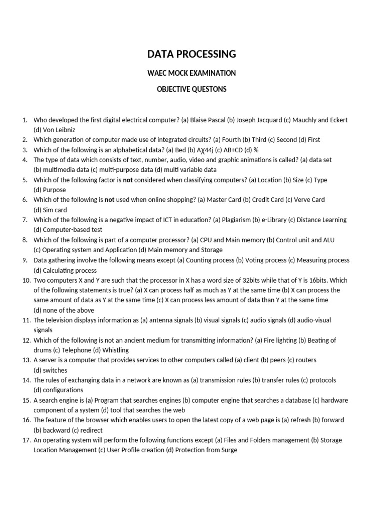 WAEC Data Processing Mock Exam Questions | PDF | Databases | Computer File