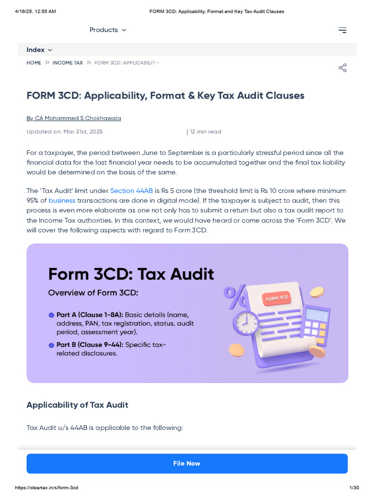 FORM 3CD - Applicability, Format and Key Tax Audit Clauses | PDF ...