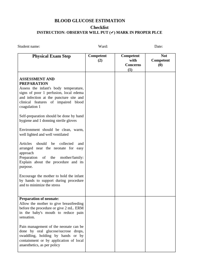Blood Glucose Estimation Checklist | PDF | Intravenous Therapy | Syringe