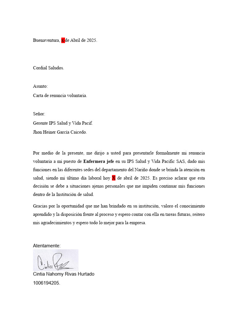 Carta de Renuncia - Cintia N Rivas. | PDF