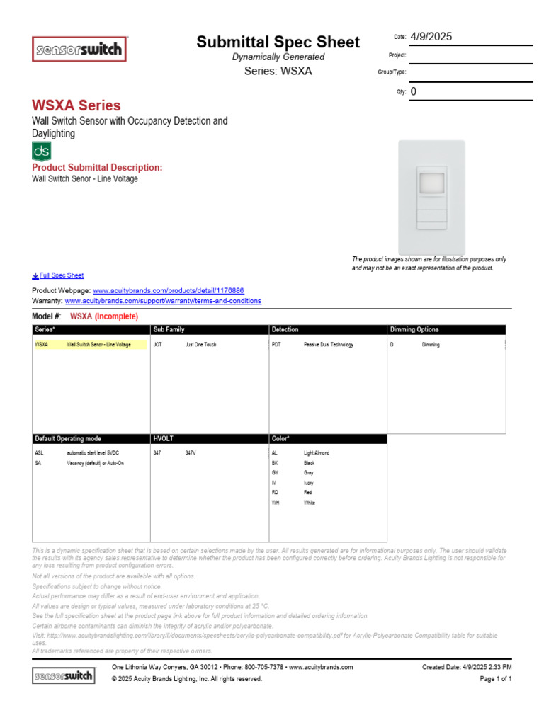 WSXA Wall Switch Sensor Spec Sheet | PDF