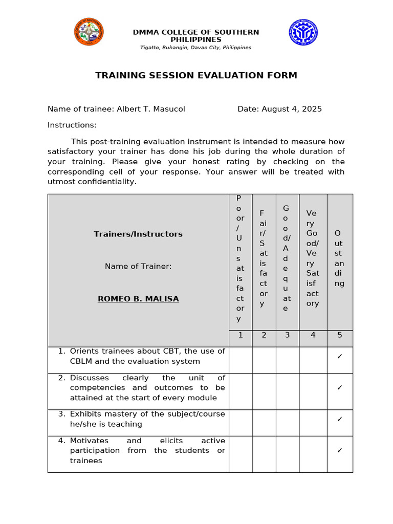 Training Session Evaluation Form | PDF | Human Communication | Intelligence