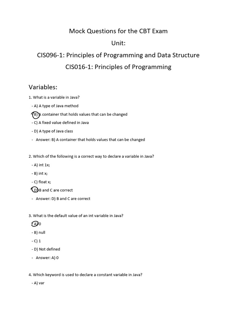 Example Questions For CBT Exam | PDF | Method (Computer Programming) | Class (Computer Programming)