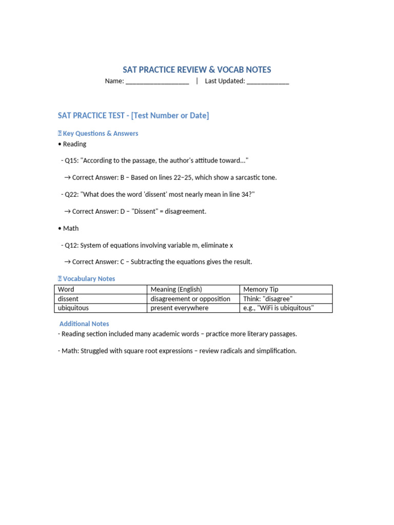 SAT Practice Review Template | PDF