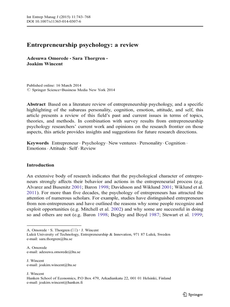 Entrepreneurship Psychology | PDF | Entrepreneurship | Emotions
