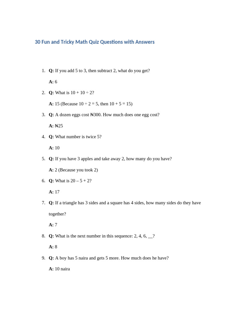 Fun Tricky Math Quiz Questions | PDF