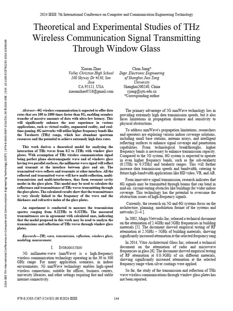 Theoretical and Experimental Studies of THZ Wireless Communication ...