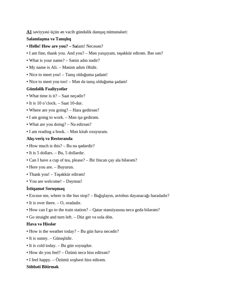 A1 Level Phrases Copy 2 | PDF