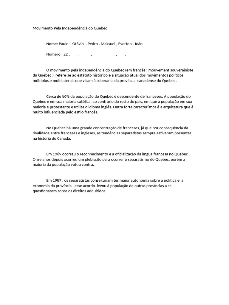 Movimento pela Independência do Quebec | PDF