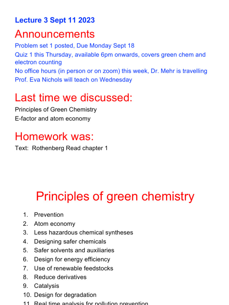 2023 Lec 03 Chem 318 Sept 11 LCA Stoich vs Catal answers | PDF | Catalysis | Life Cycle Assessment