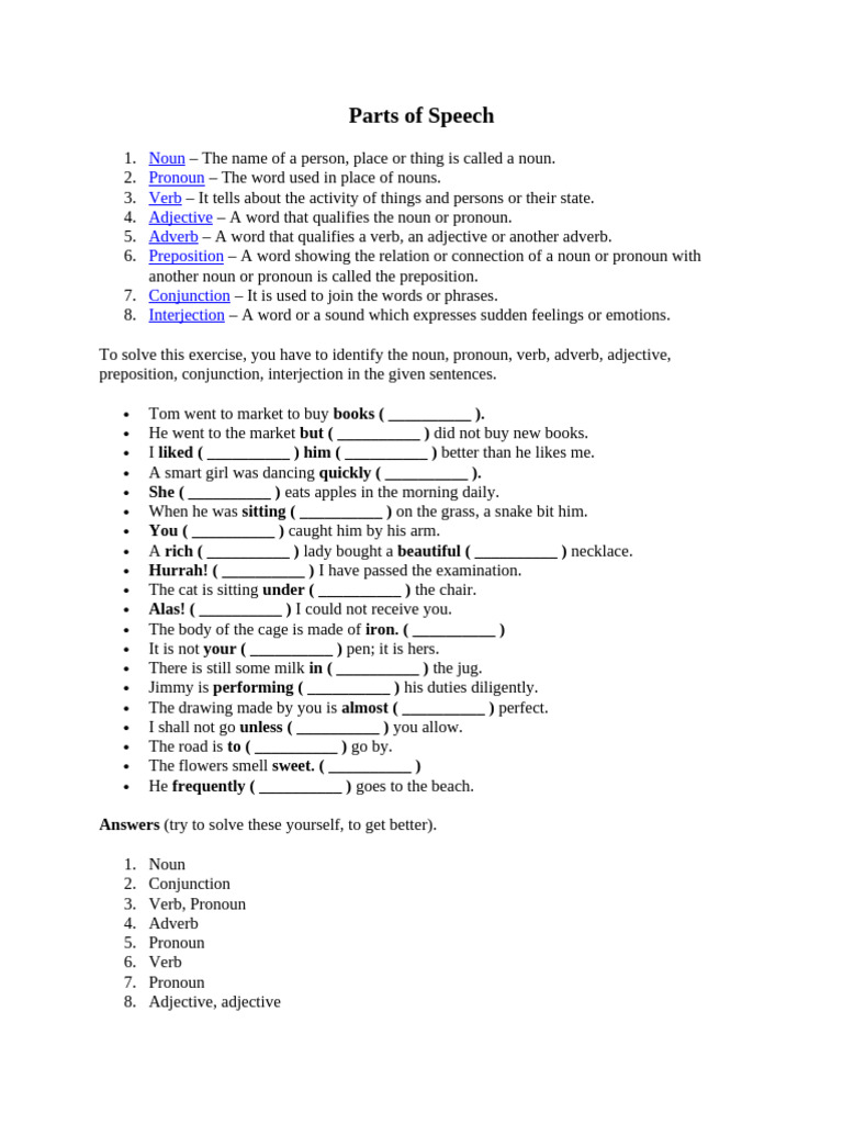 Parts of Speech Exercise | PDF | Adverb | Part Of Speech