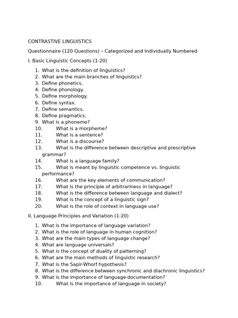 Contrastive Linguistics Questionnaire | PDF | Linguistics | Human ...