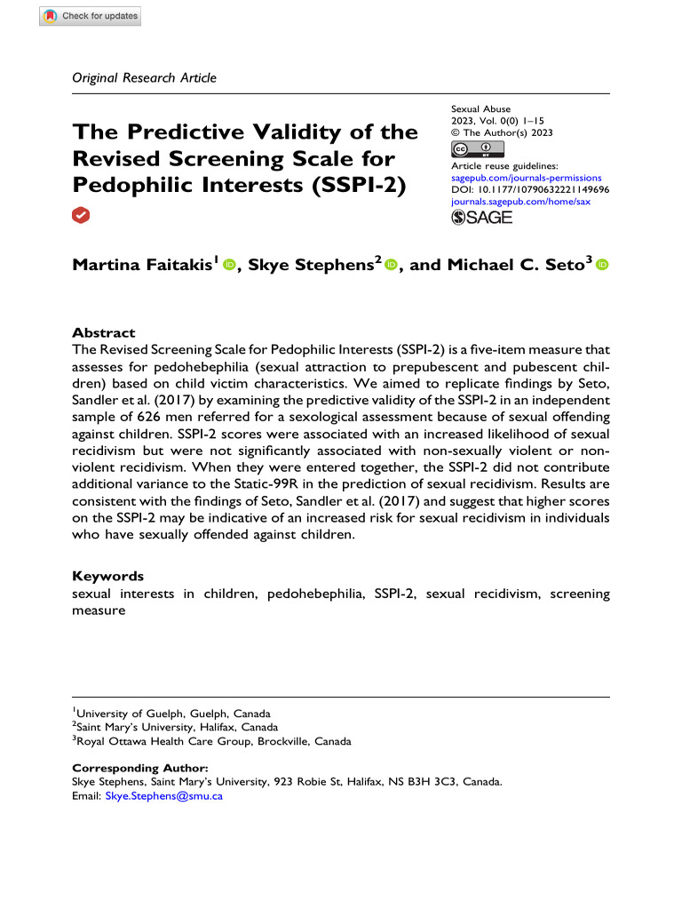 Predictive Validity of The Revised Screening Scale For Pedophilic Interests (SSPI-2 | PDF ...