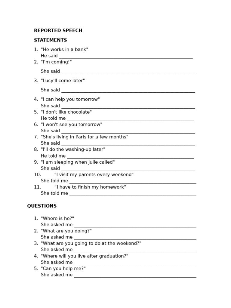 Reported Speech Statements Commands And Questions Pdf