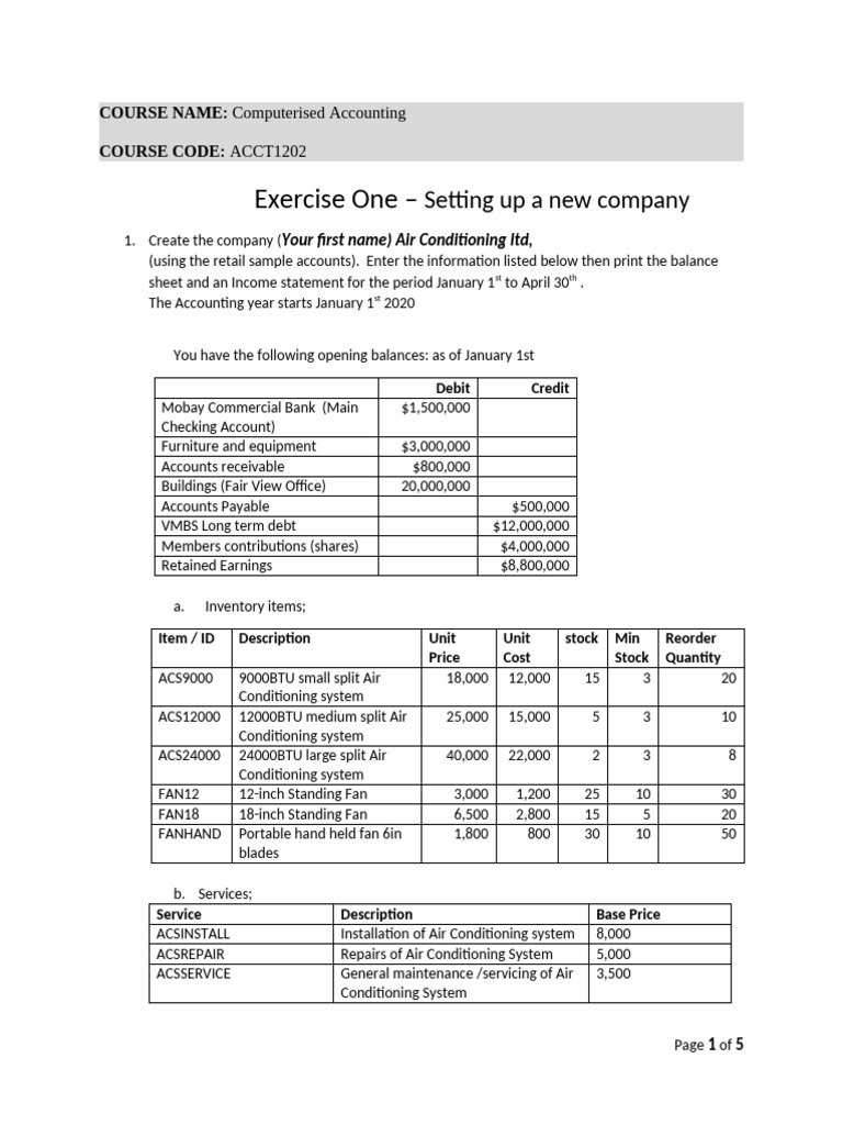 MBCC Computerised Accounting Exercise 1 Air Conditioning | PDF | Debits And Credits | Business