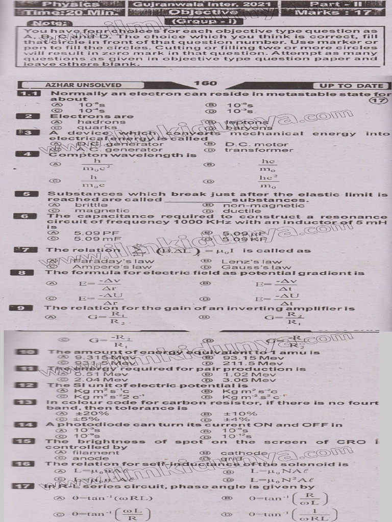 Past Papers 2021 Gujranwala Board Inter Part 2 Physics Group I Objective English Medium | PDF