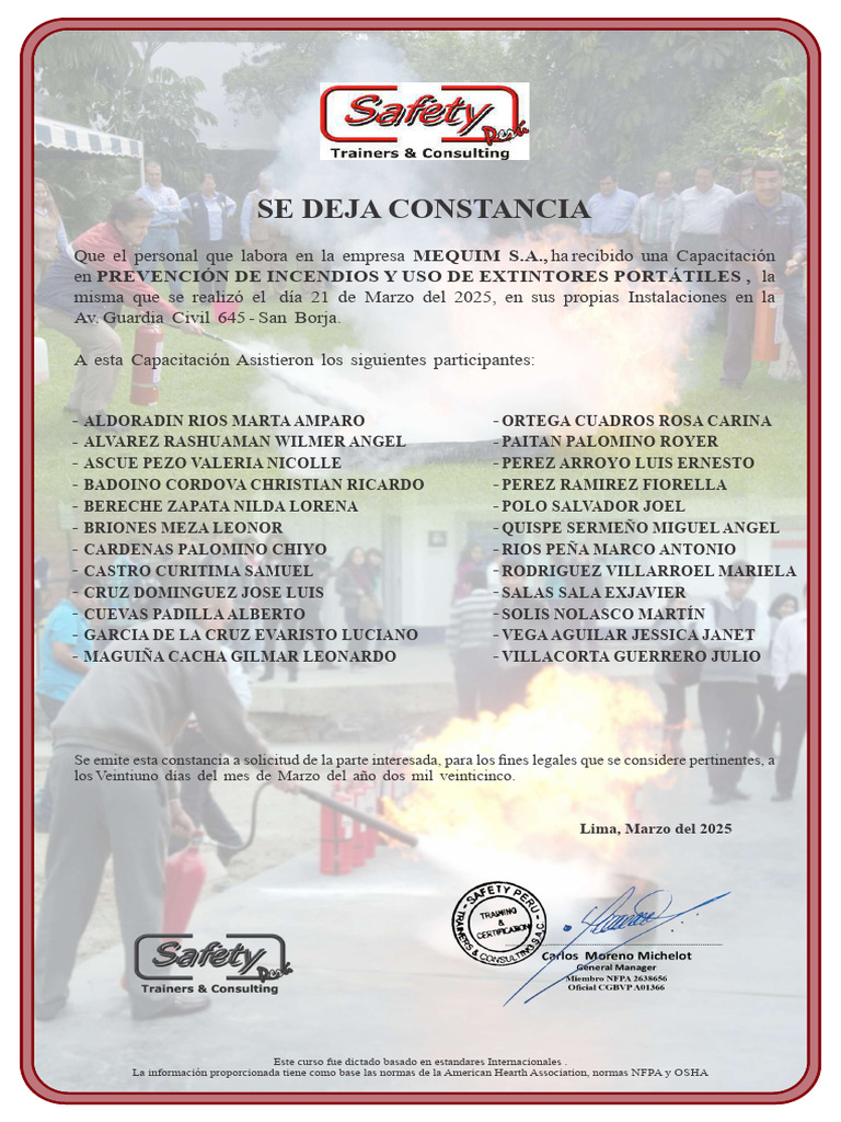 Constancia Mequin Prevencion y Uso de Extintore | PDF