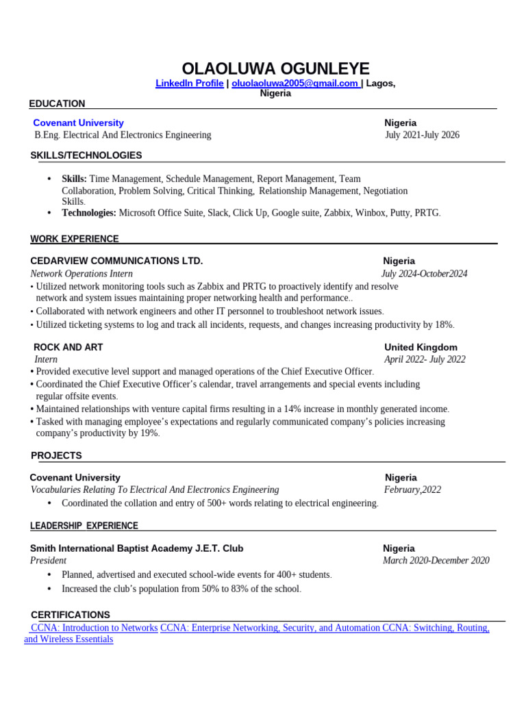 Ogunleye OlaOluwa Resume | PDF | Cisco Certifications | Business