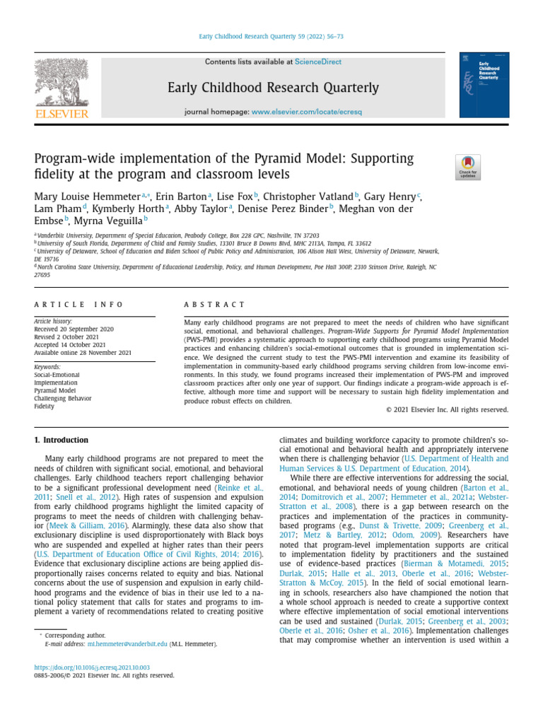 2022 - Program-Wide Implementation of The Pyramid Model: Supporting ...
