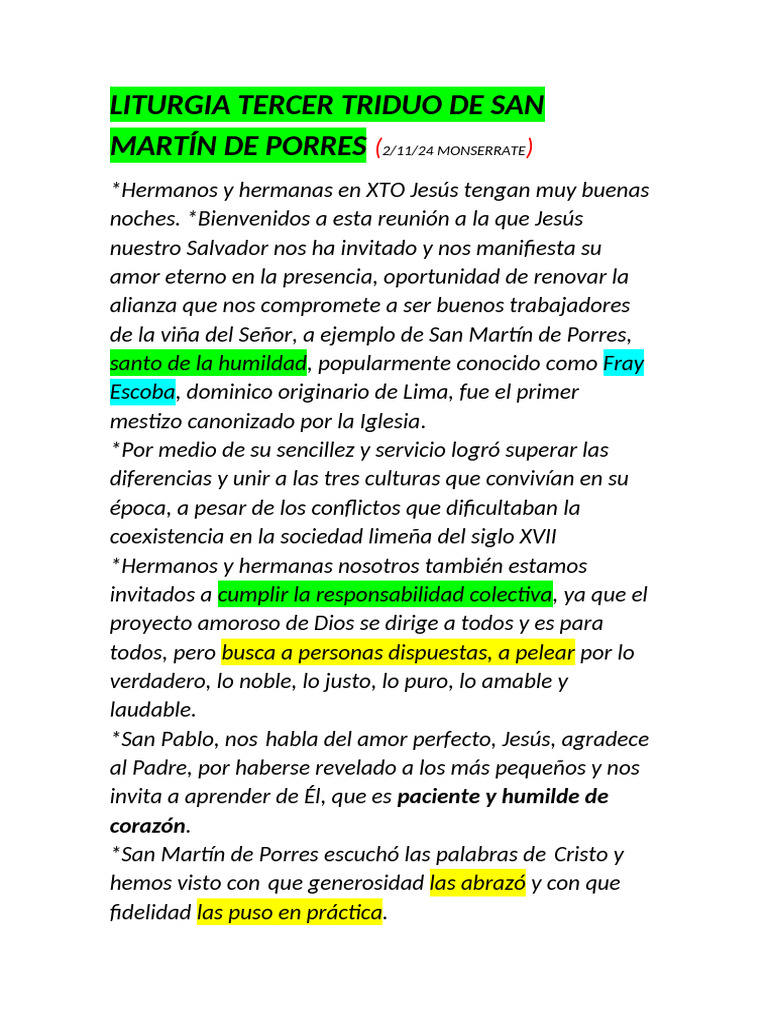 Liturgia Primer Día de Triduo - San Martin de Porres | PDF | Cristo (título) | Creencia ...