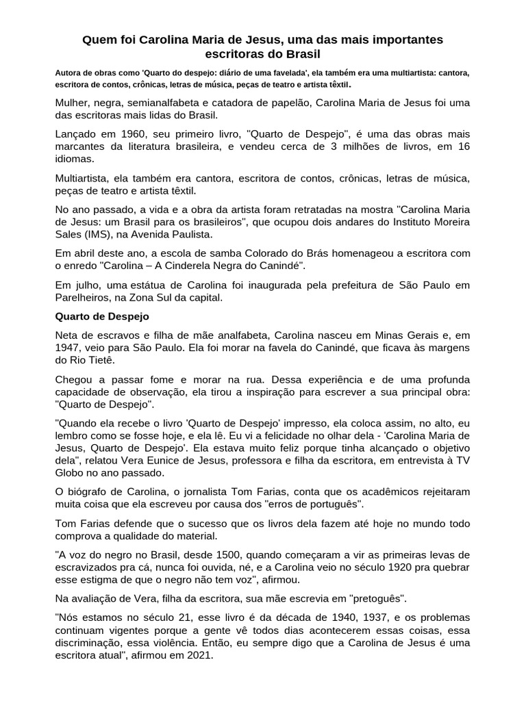 Quem foi Carolina Maria de Jesus | PDF