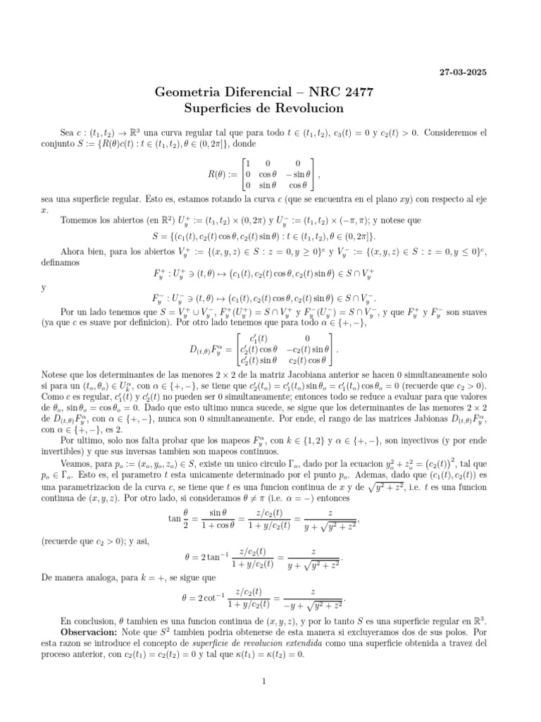 Diff Geom Superf Revol | PDF | Álgebra | Matemáticas Aplicadas