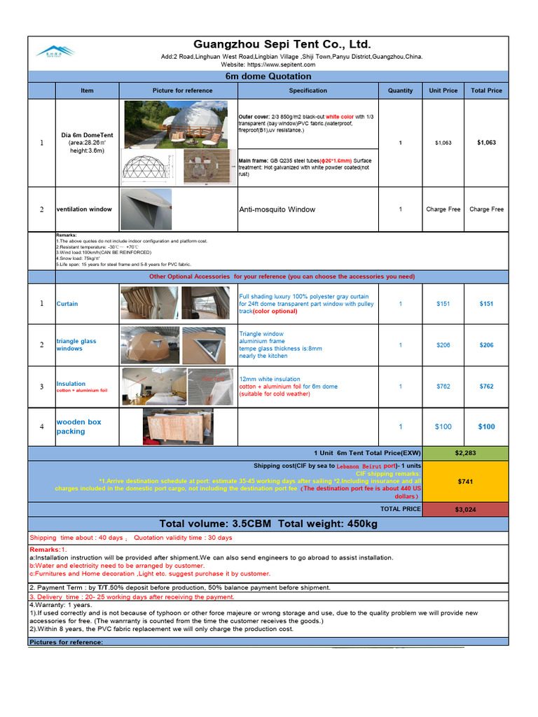 Guangzhou Sepi Tent Co., LTD.: 6m Dome Quotation | PDF | Curtain | Window