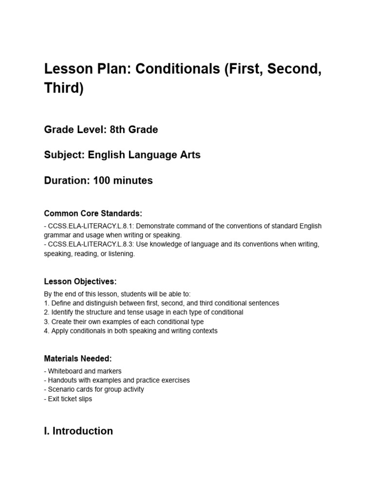 Lesson Plan - Conditionals (First, Second, Third) | PDF | Grammatical ...