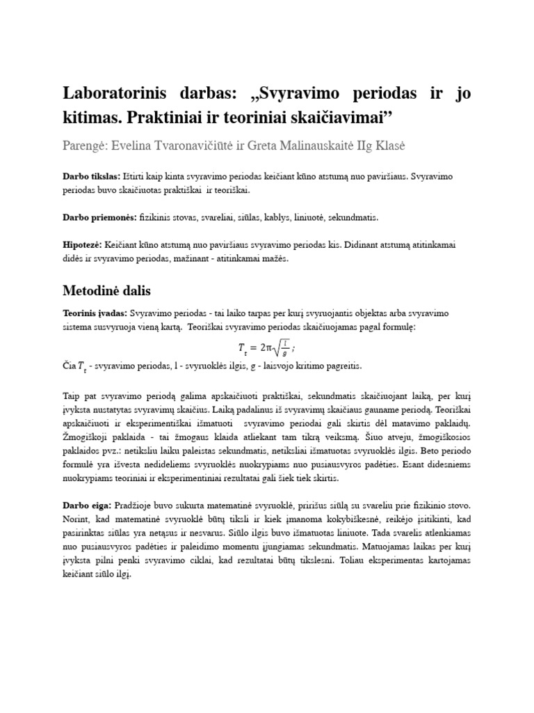 Laboratorinis Darbas ,,svyravimo Periodas Ir Jo Kitimas. Praktiniai Ir Teoriniai Skaičiavimai"-2 ...