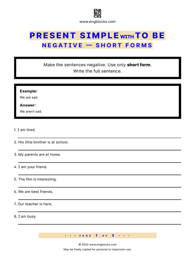 Present Simple With To Be Negative Short Forms | PDF
