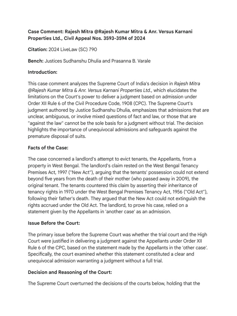 Case Comment - Rajesh Mitra v. Karnani Properties Ltd. - Limitations On Judgment On Admission ...