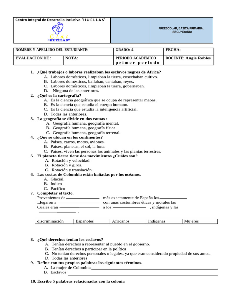 Evaluación Del Grado 4 Angie Robles | PDF