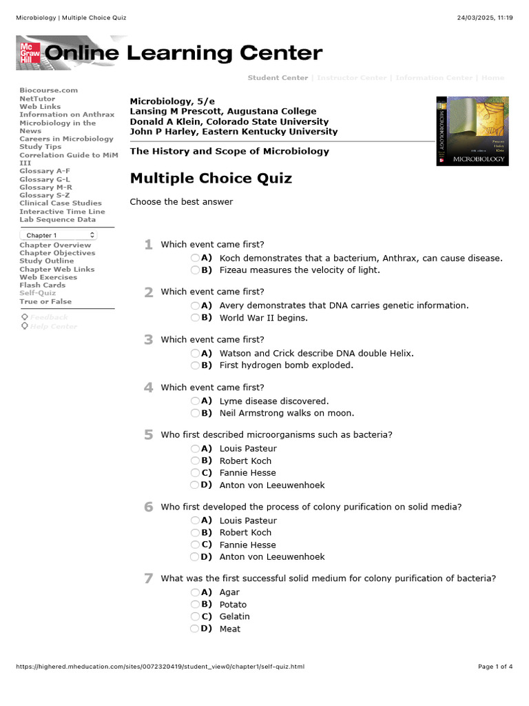 Microbiology | Multiple Choice Quiz | PDF | Louis Pasteur | Microorganism