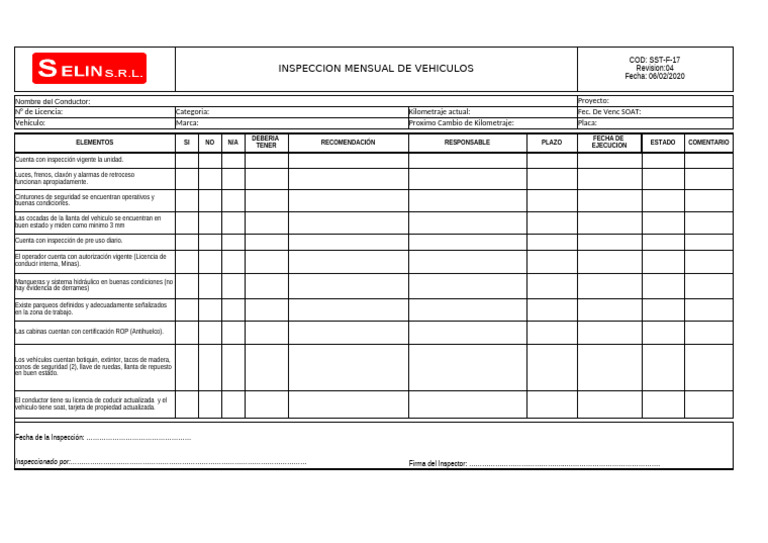 SST-F-17 Inspeccion Mensual de Vehiculos | PDF