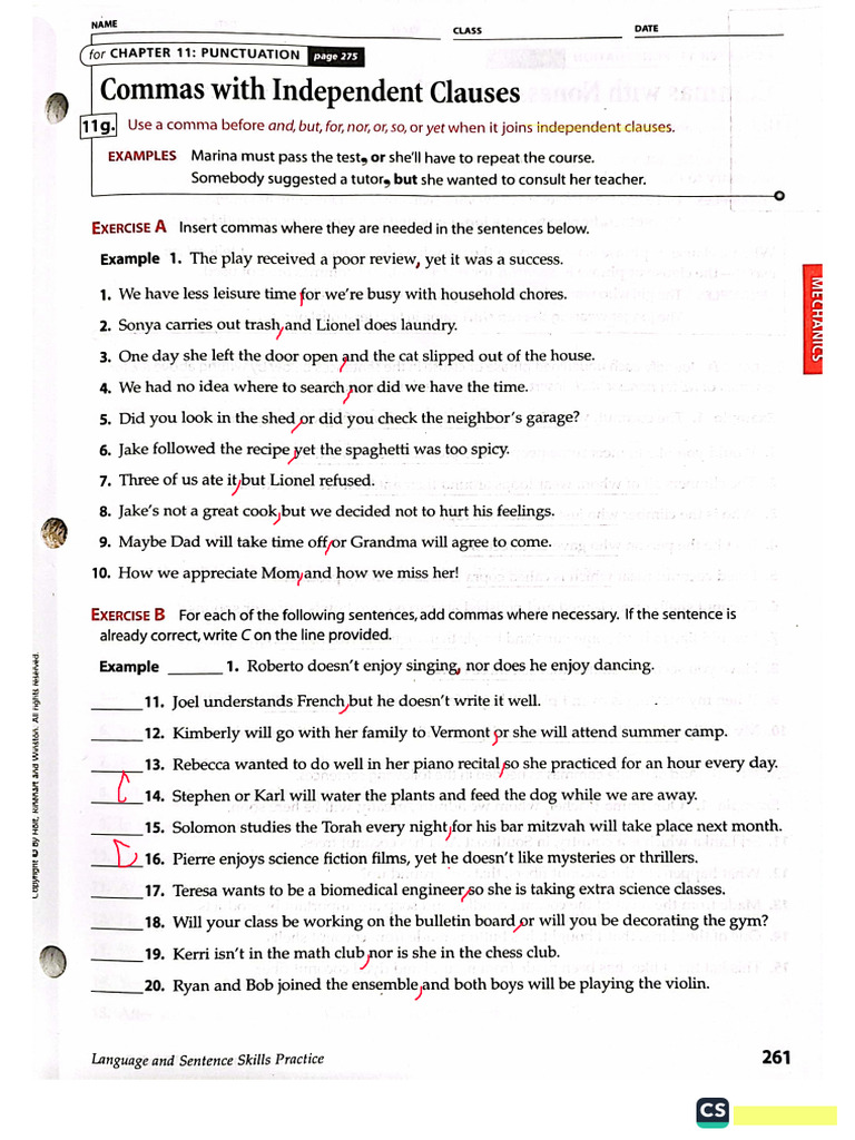 Commas W Independent Clauses PG 261 | PDF