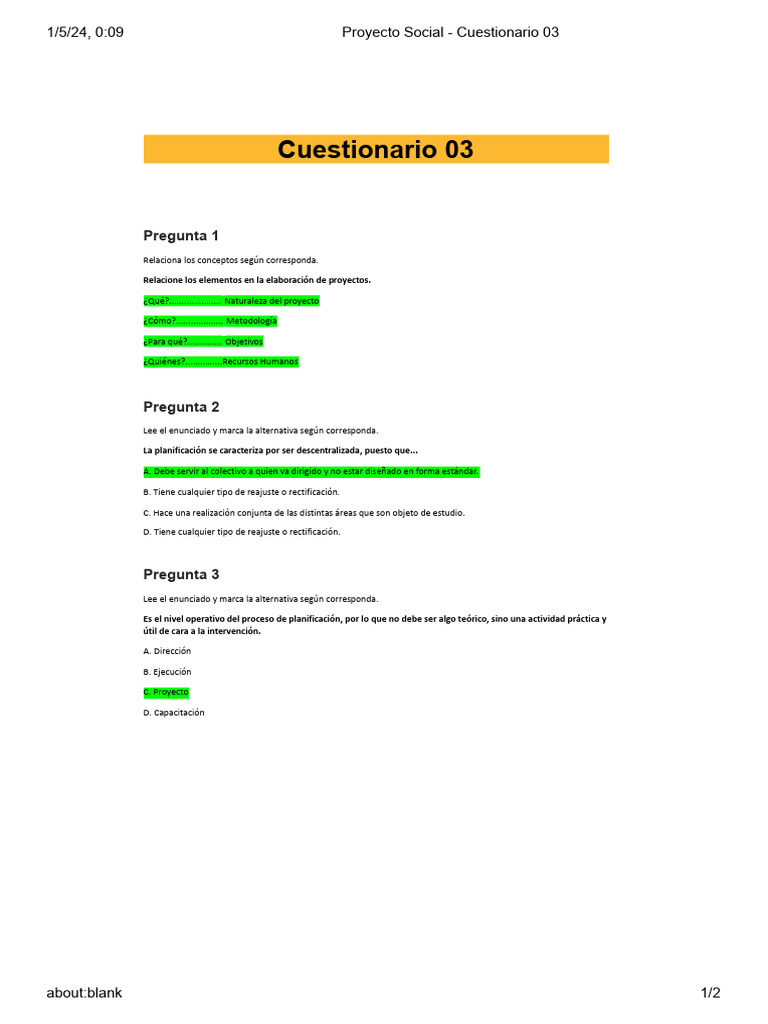 Proyecto Social - Cuestionario 03 | PDF | Cuestionario