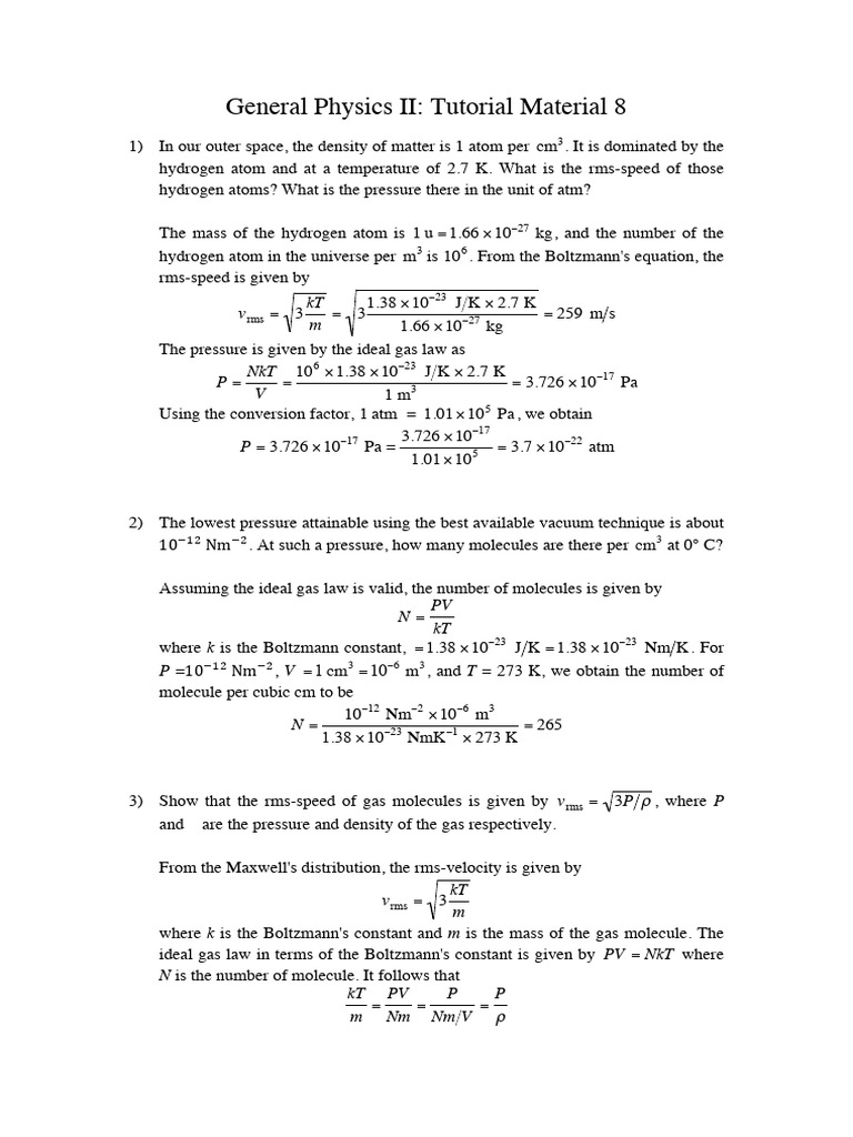 Tutorial Material 8 Solution | PDF | Gases | Theoretical Physics