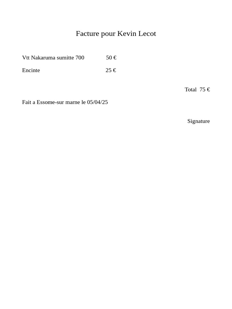 Facture de 75 € pour Kevin Lecot | PDF