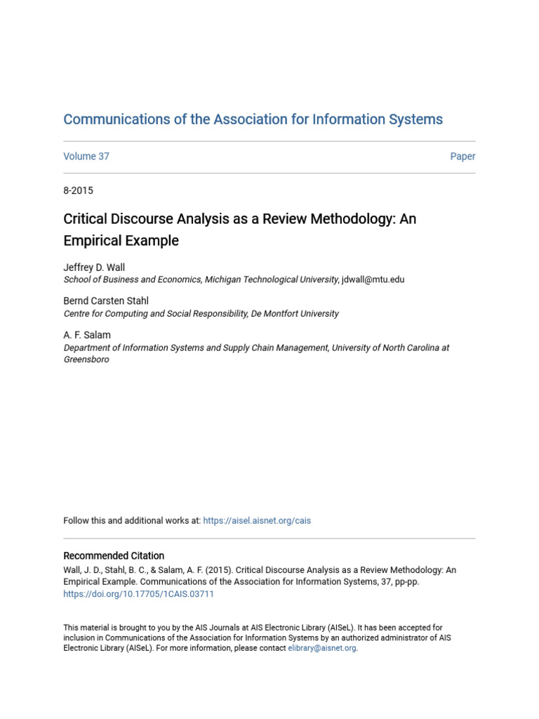 Critical Discourse Analysis As A Review Methodology - An Empirical ...