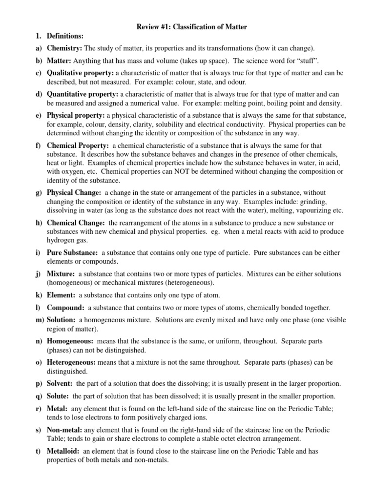 Review #1 (Answers) Classification of Matter | PDF | Chemical ...