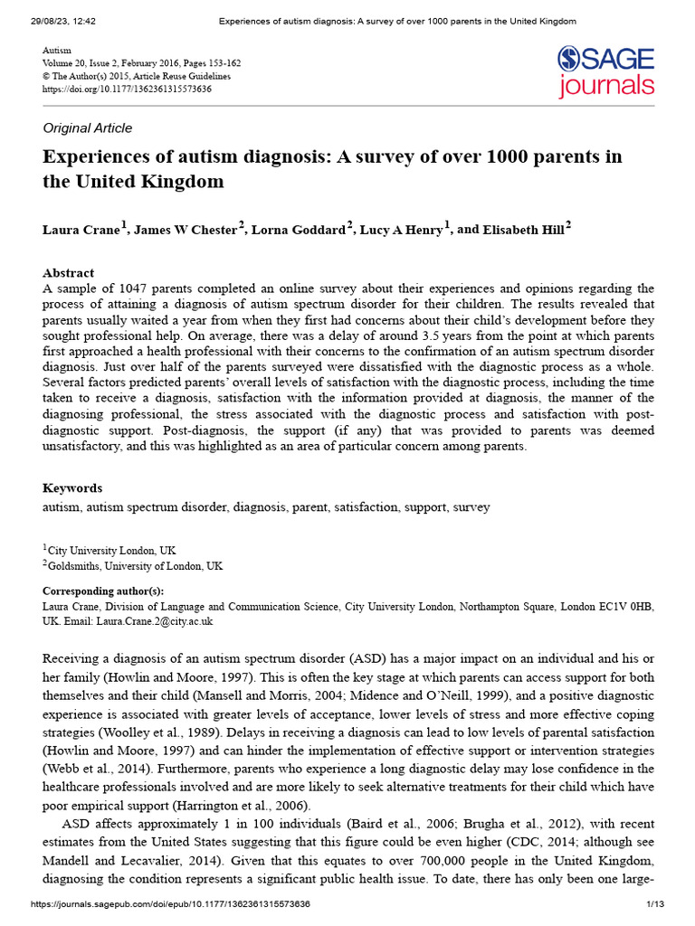 Experiences of Autism Diagnosis - A Survey of Over 1000 Parents in The ...