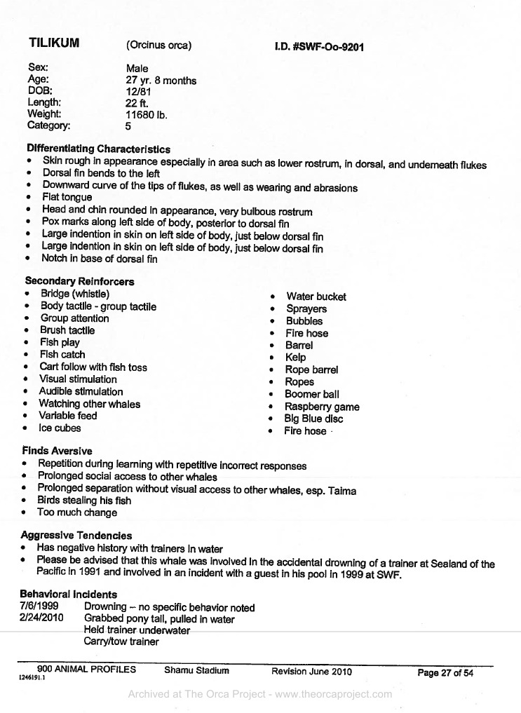 SeaWorld Orca Profile - Killer Whale Tilikum 2010 | PDF