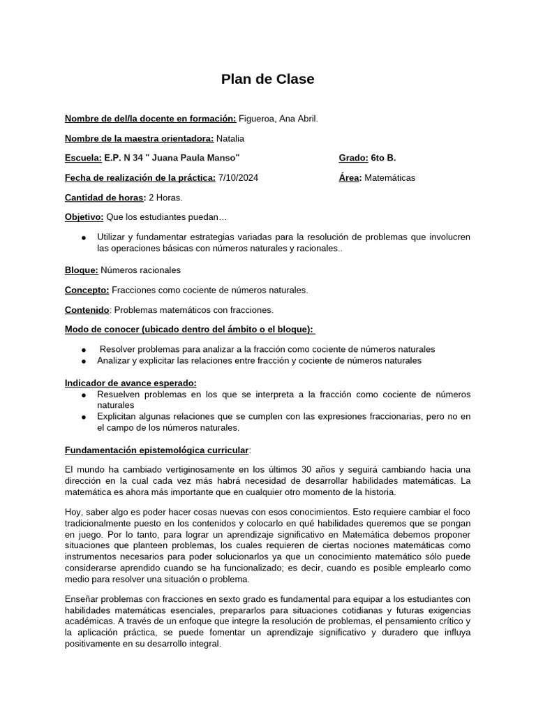 Plan de Clase - Matematicas - Figueroa Ana Abril | PDF | Matemáticas | Pensamiento