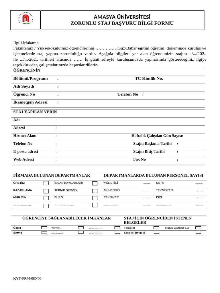 142 Au Kyt Frm 80 Zorunlu Staj Basvuru Bilgi Formu | PDF